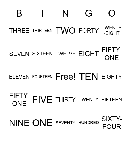 Numbers Bingo Card