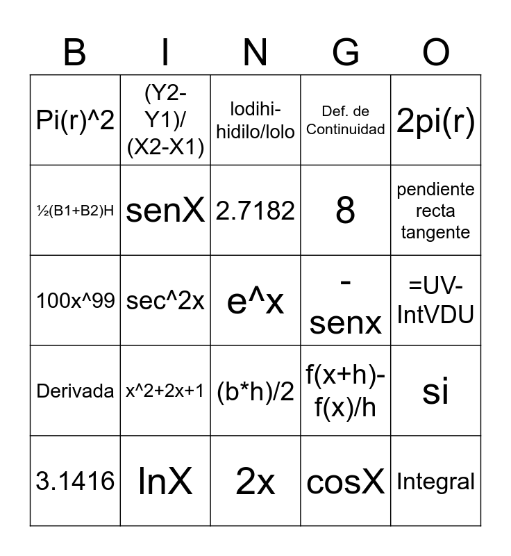 Calculus Bingo Card