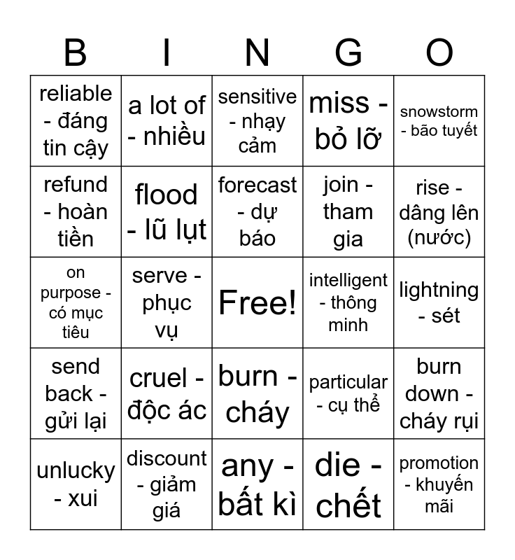 PET 3 - U1 TO 4 Bingo Card