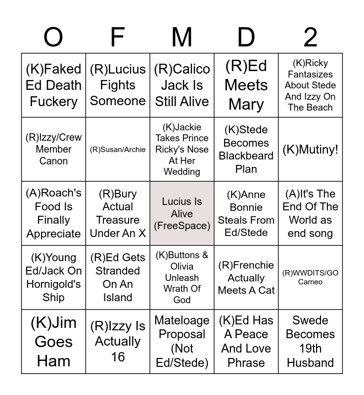 OFMD S2 Predictions Bingo Card