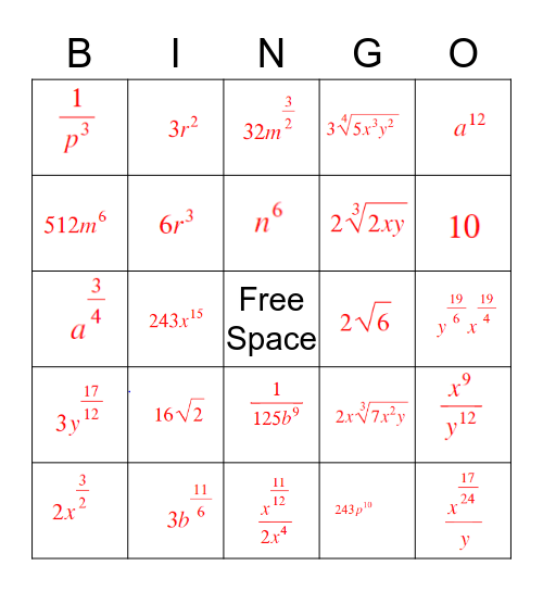 Simplifying Radical and Rational Expressions Bingo Card