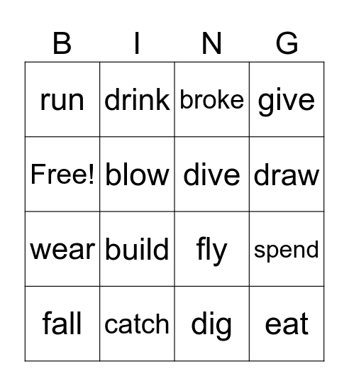 Irregular Verb Bingo Card