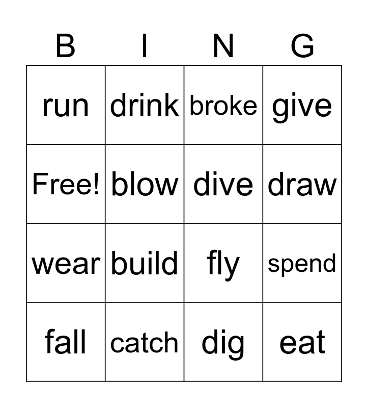 Irregular Verb Bingo Card