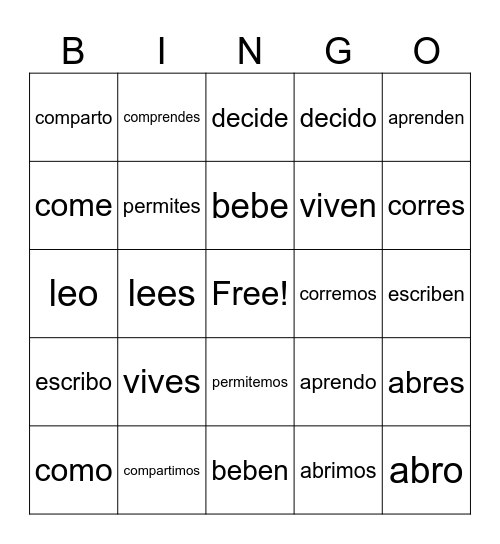 Spanish Present Tense -ER/-IR Verbs Bingo Card