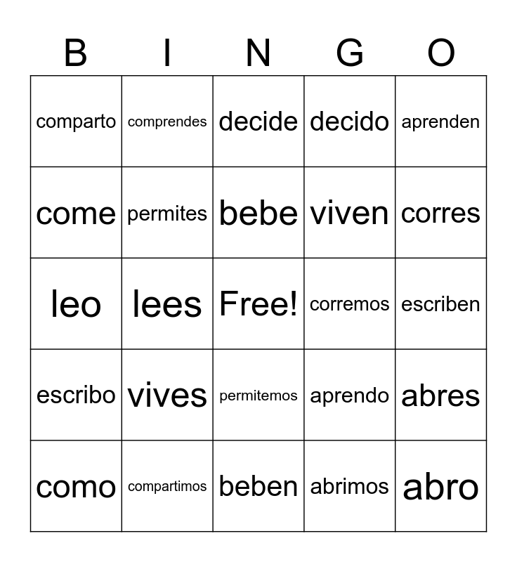Spanish Present Tense -ER/-IR Verbs Bingo Card