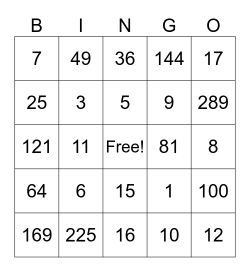Squares and Square Roots Bingo Card