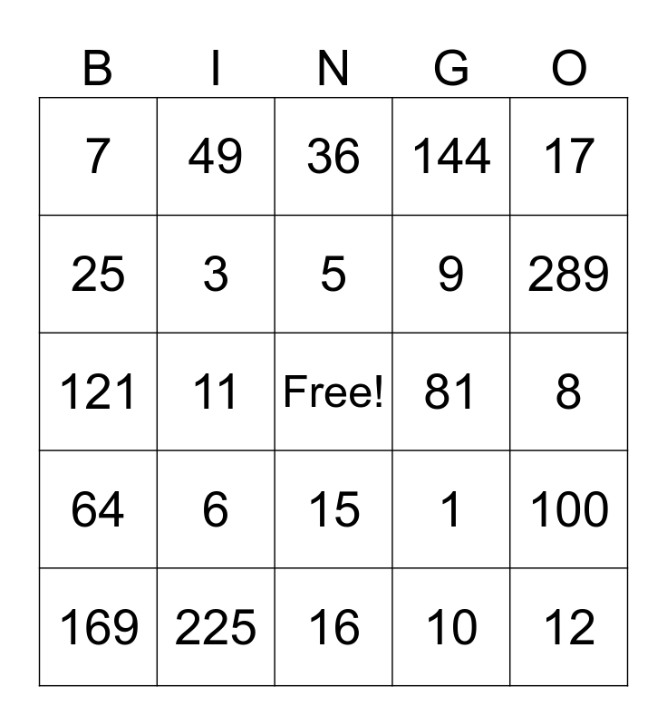 Squares and Square Roots Bingo Card