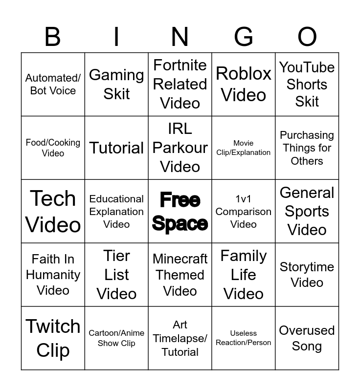 The Ultimate YouTube Shorts Bingo (SirNooby) Bingo Card