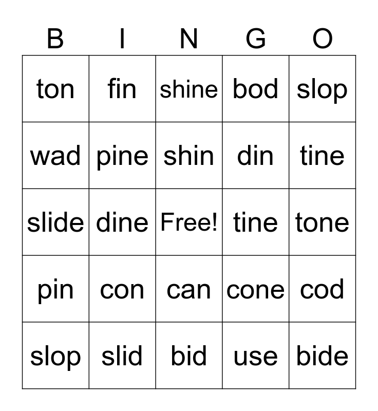 Magic E Bingo Card