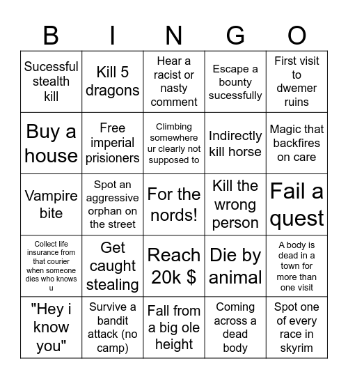 Skyrim Bingo Card