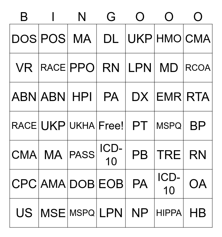 ACRONYM BINGOOO Bingo Card
