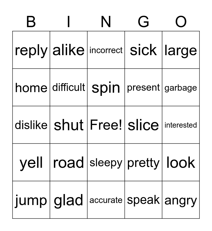 Synonym Bingo Card
