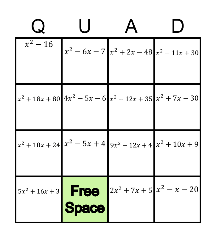 FACTORING QUADRATICS Bingo Card