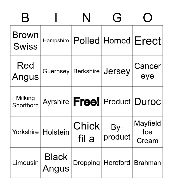 Livestock Bingo Card