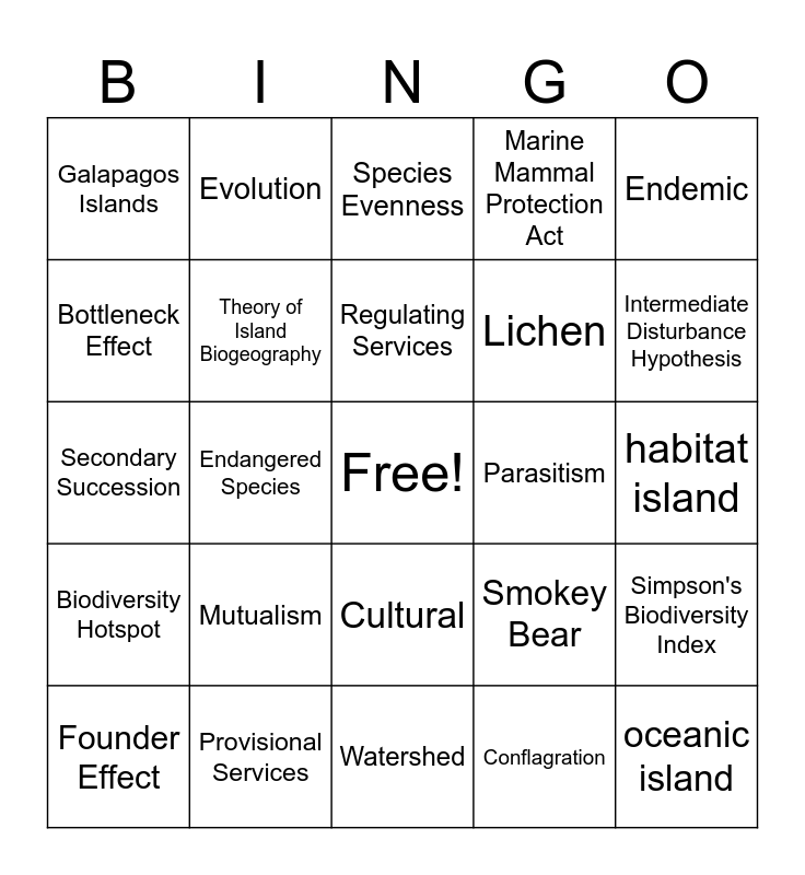 Biodiversity Bingo Card