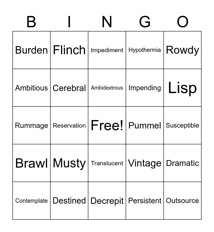 Vocabulary Bingo Chapters 1-9 Bingo Card