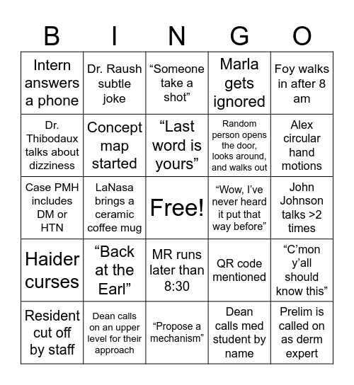 Morning Report Bingo Card