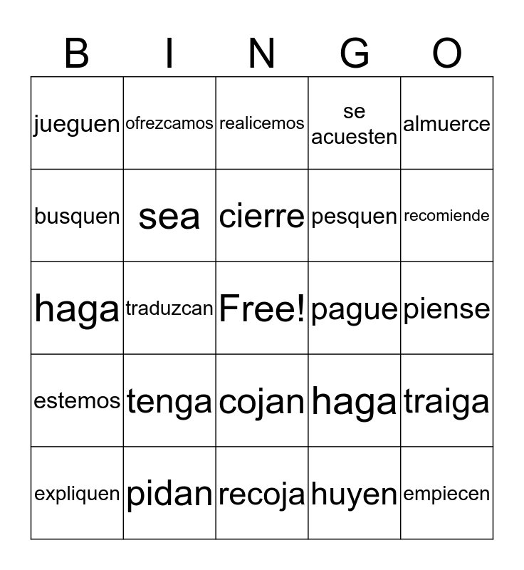 Present Subjunctive Bingo Card