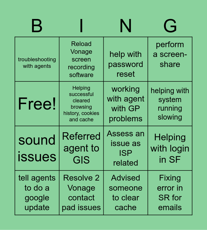 Team Service-IT Dept. Bingo Card