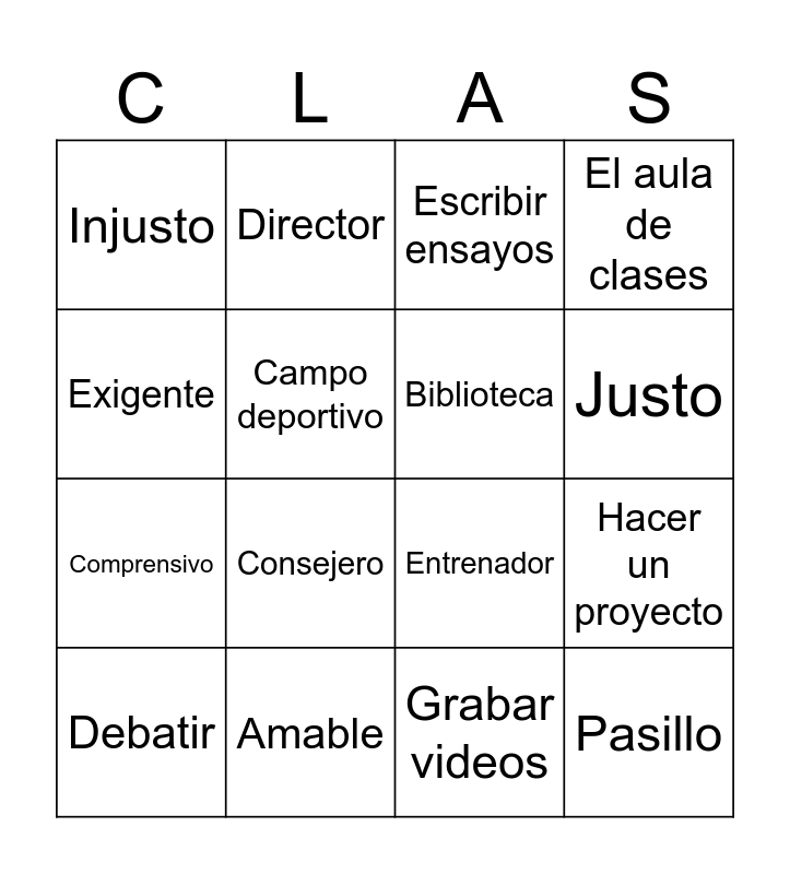 De vuelta a clases unidad 1 repaso Bingo Card