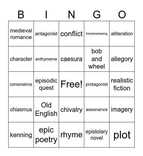 Challenge 2 Literary devices weeks 1-8 Bingo Card