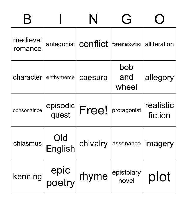 Challenge 2 Literary devices weeks 1-8 Bingo Card