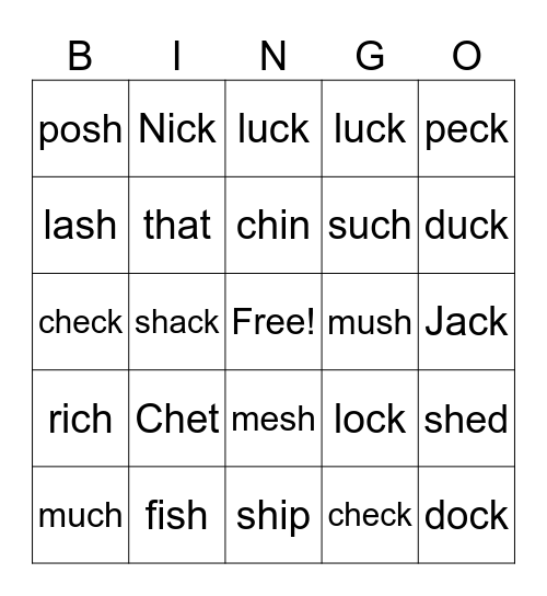 CVC Words Consonant Digraphs List #2 Bingo Card