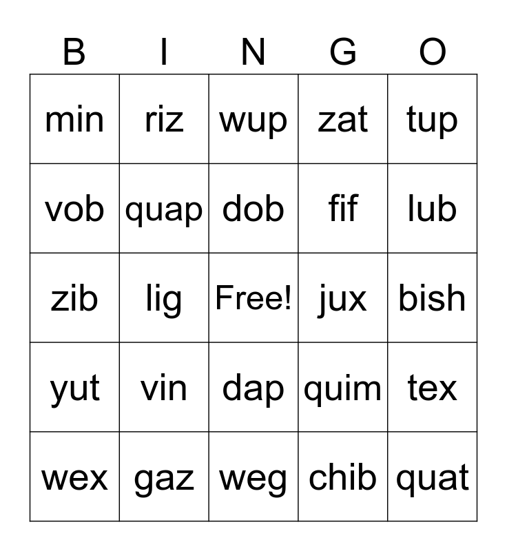 Nonsense Words List #1 Bingo Card