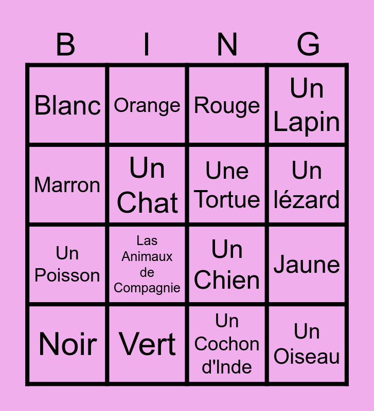 Color and Animal French Bingo Card