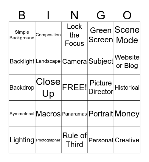 Photography Bingo Card
