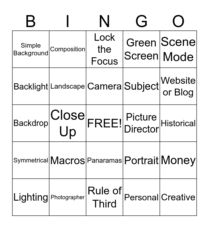 Photography Bingo Card