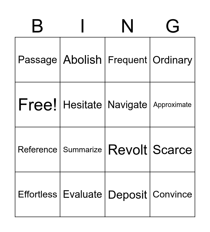 Vocabulary Words week1 Bingo Card