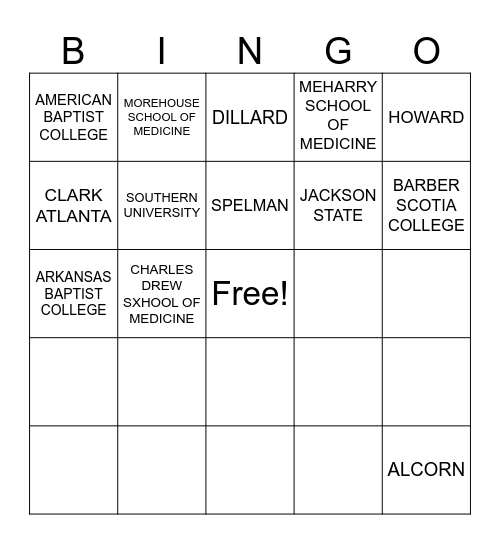 HISTORICAL BLACK COLLEGES Bingo Card