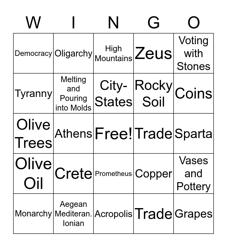 Ancient Greece Bingo Card