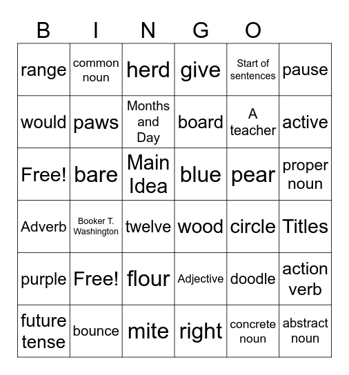 Grammar and Spelling Words Bingo Card