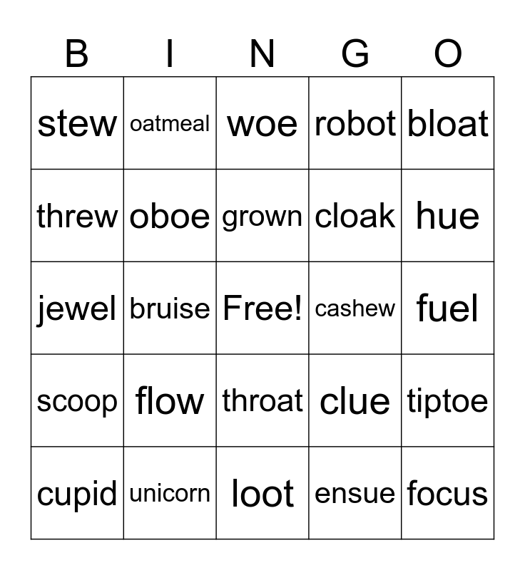 Long Vowel O and U Bingo Card