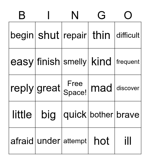 Synonym Bingo Card