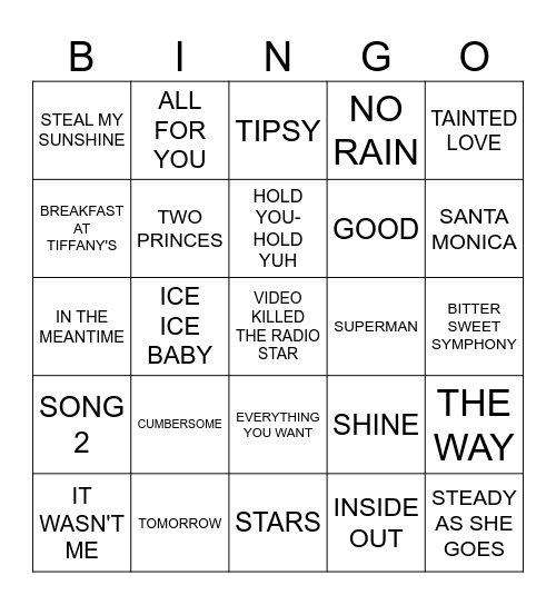 ONE HIT WONDER Bingo Card