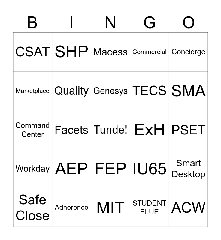 All About Service! Bingo Card