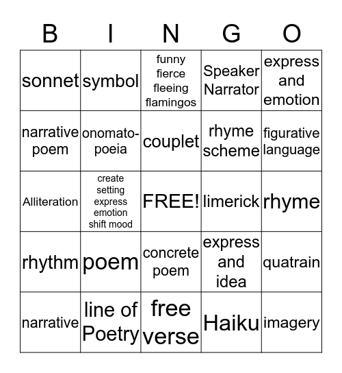 Poetry Vocabulary Bingo Card