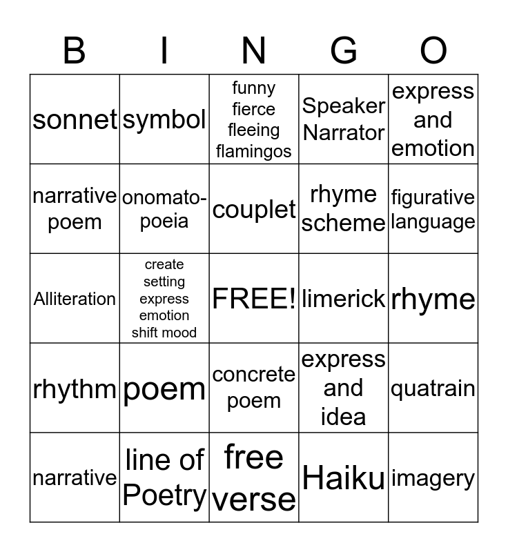Poetry Vocabulary Bingo Card