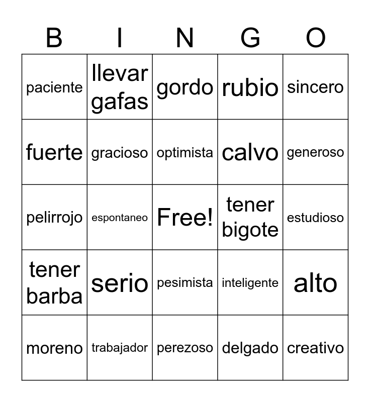 ADJETIVOS ESPANOL 2 Bingo Card