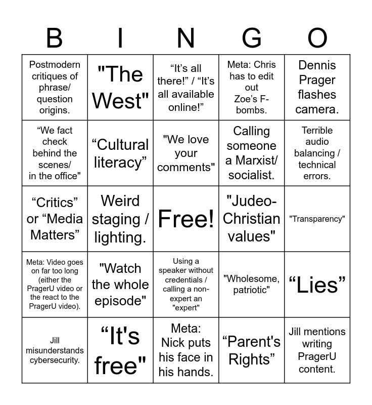 HRP Reacts to PragerU Bingo Card