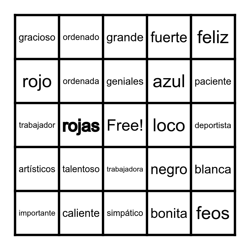 Adjectives - Adjetivos Bingo Card