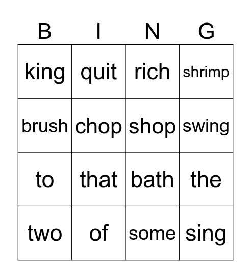 Digraphs, ng, qu, and Tricky Words Bingo Card