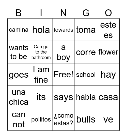 Vocabulario Bingo Card