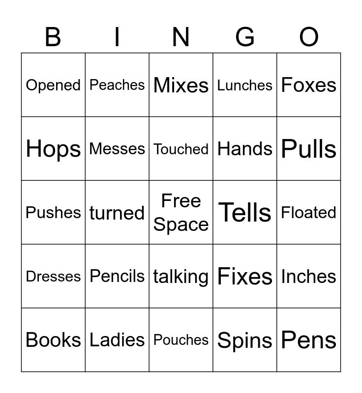 Inflectional Endings Bingo Card