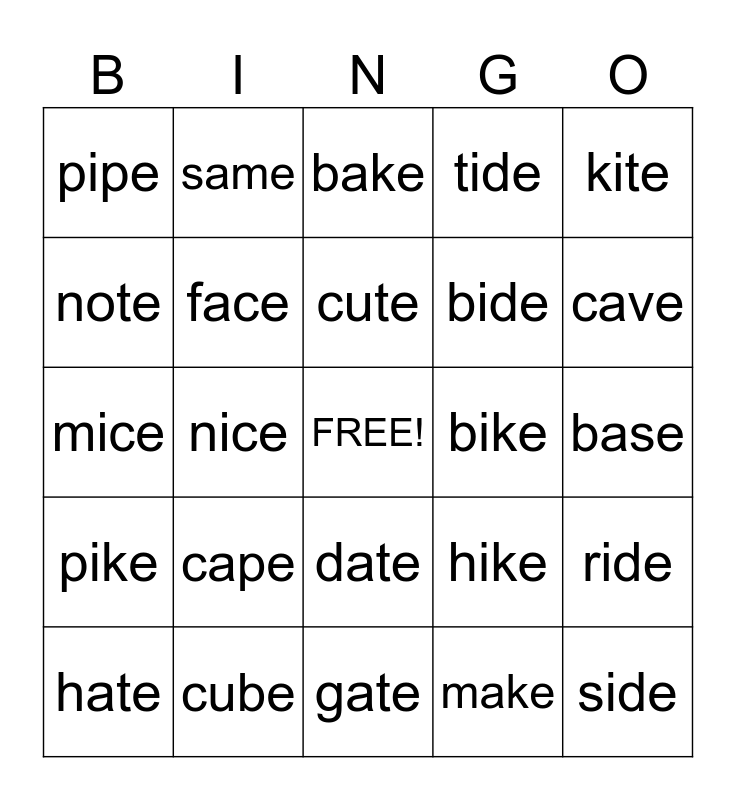 "Magic E" Words Bingo Card