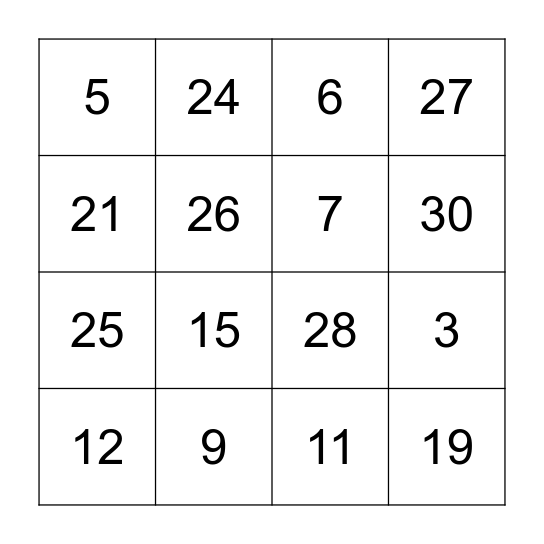 Numbers 1 - 31 Bingo Card