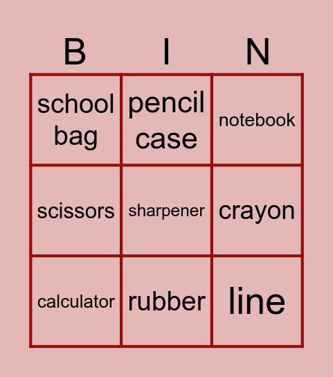 BINGO - School items Bingo Card